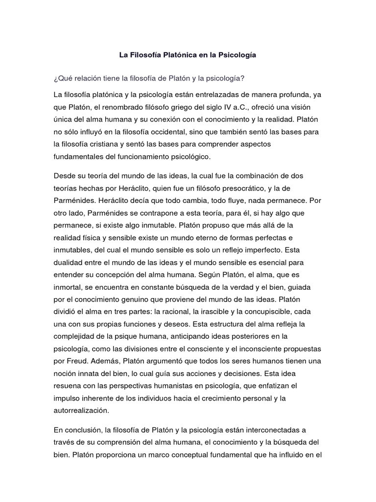 La Filosofía Platónica en La Psicología | PDF
