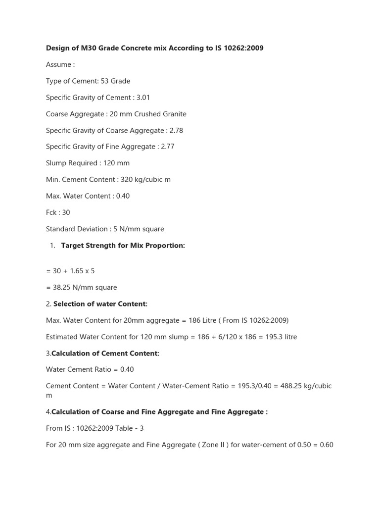 Design of M30 Grade Concrete Mix According To IS 10262 | PDF