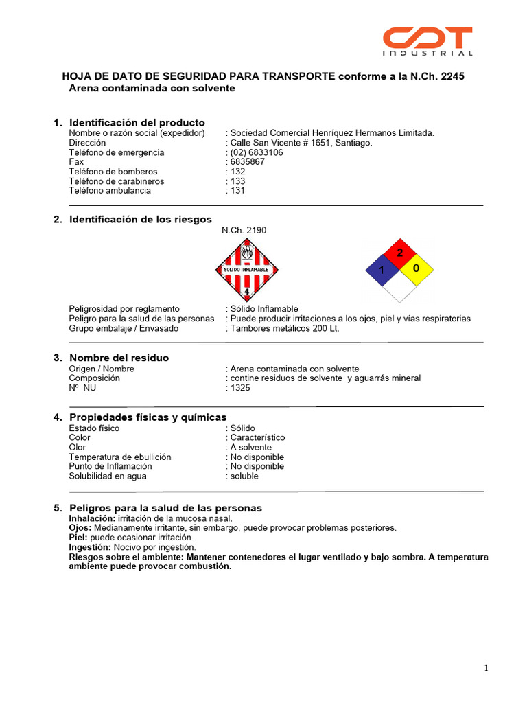 Hoja de Seguridad: Arena Contaminada con Solvente | PDF | Agua | Solvente