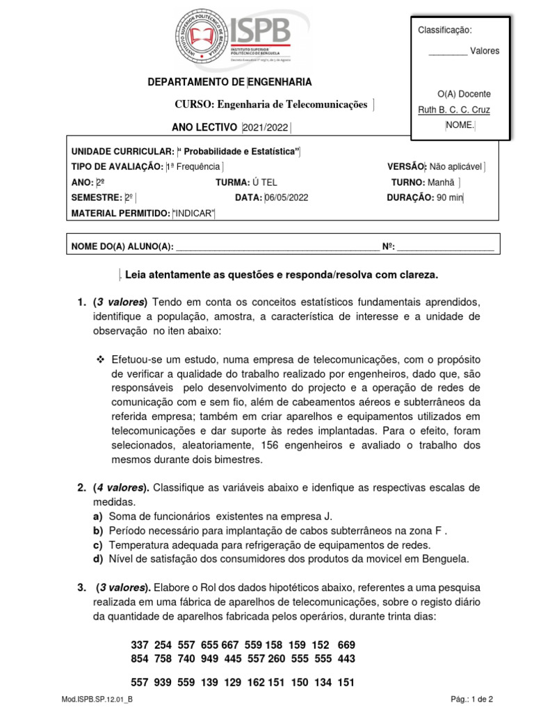 1 Frequência Prob - Est. TLC-2M2 06-05-2022 | PDF | Engenharia | Rede de computadores