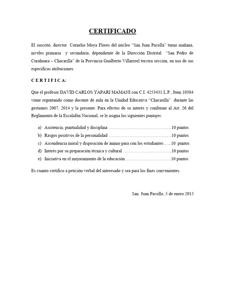 Certificado de Docencia de David Yapari | PDF