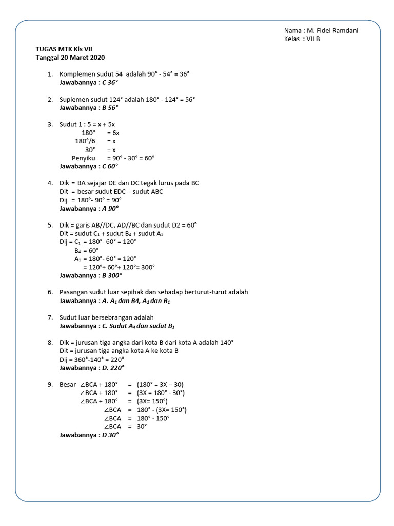 TUGAS MTK Kls VII M Fidel Ramdani | PDF
