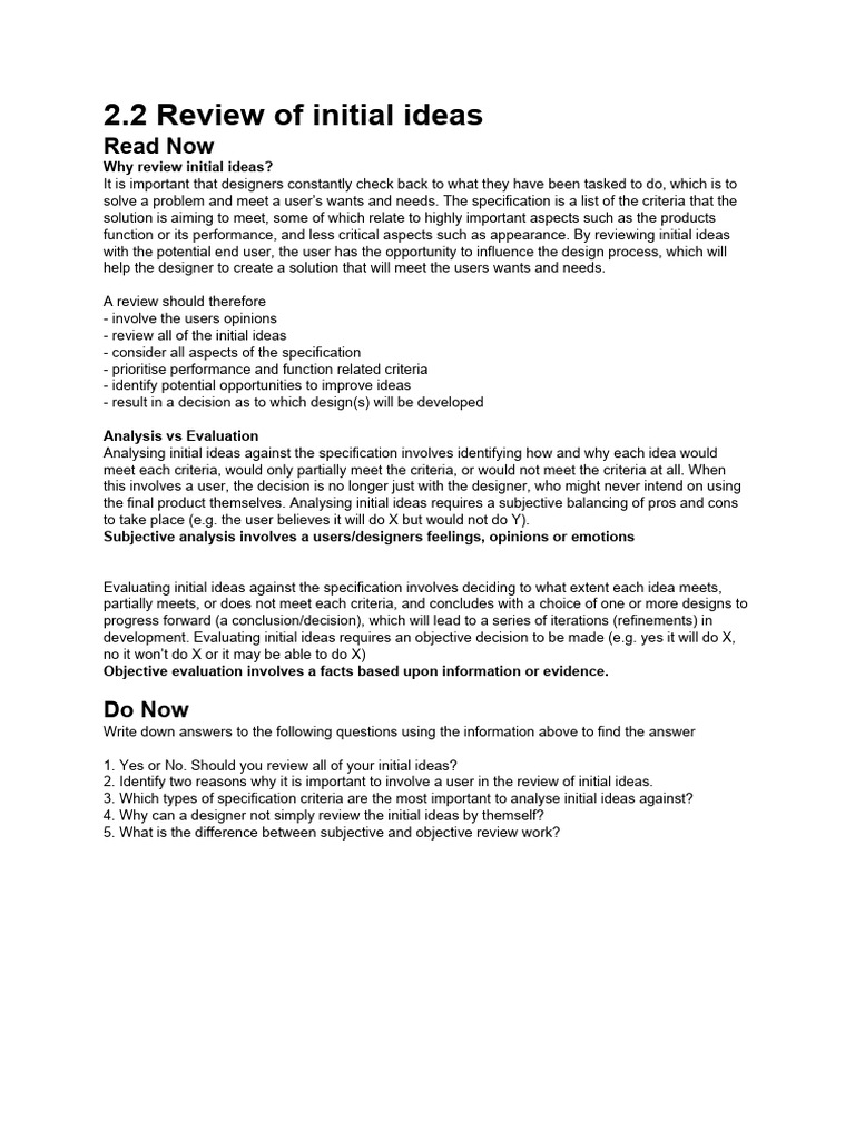 2.2 Review of Initial Ideas - Do Now | PDF | Evaluation | Feeling