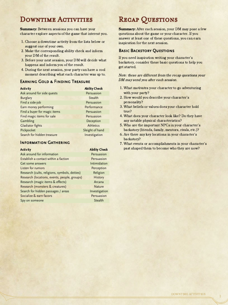 DnD Downtime Activities Guide | PDF | Persuasion