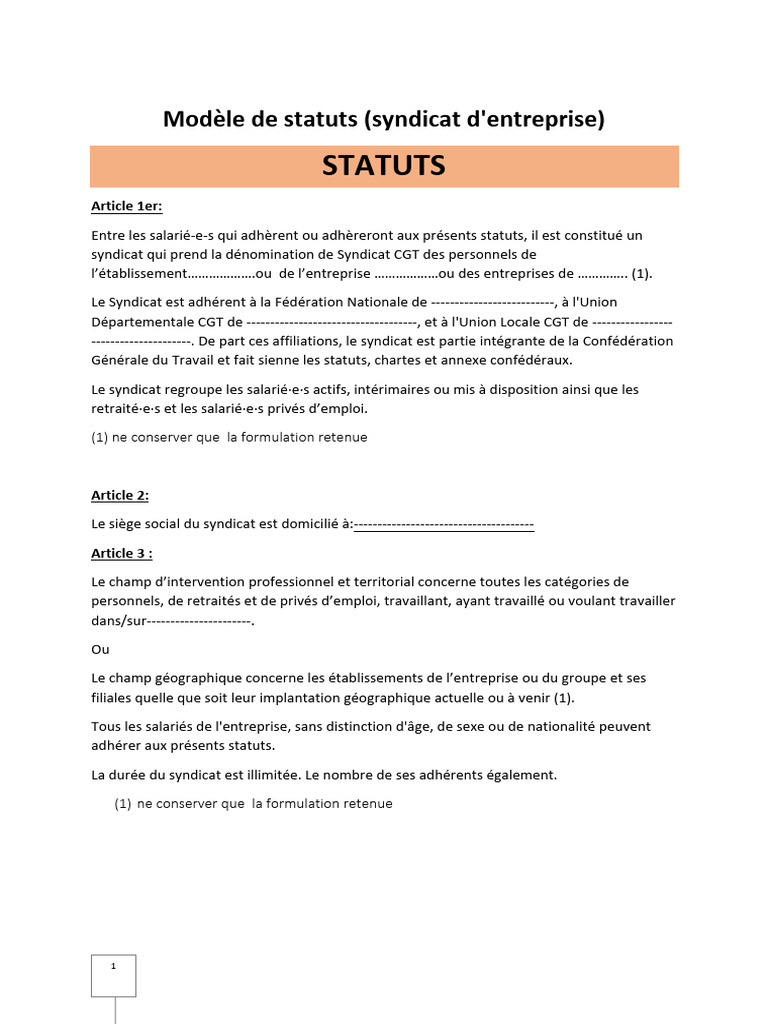Modèle de statuts pour syndicat CGT | PDF | Retraite | Syndicat