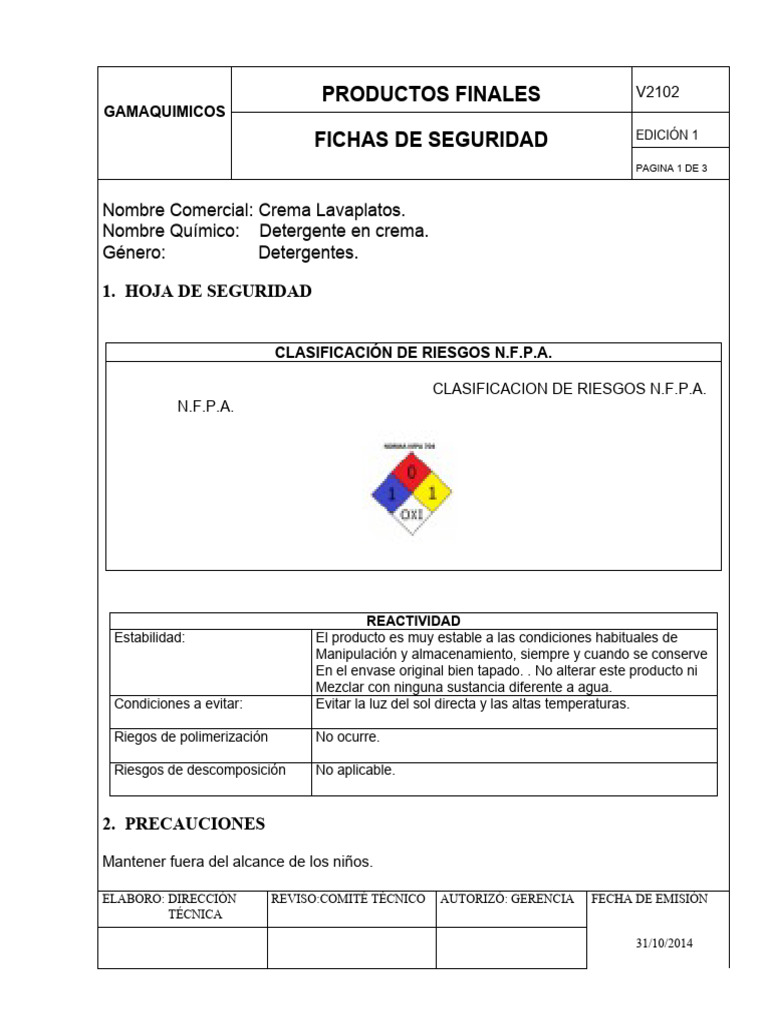 Norma V2102. Ficha de Seguridad Crema Lavaplatos | PDF | Agua | Leche
