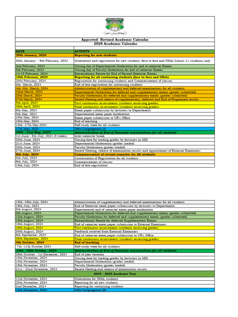 Revised Approved 2024 Academic Calendar (Approved by Sentate On 14th ...