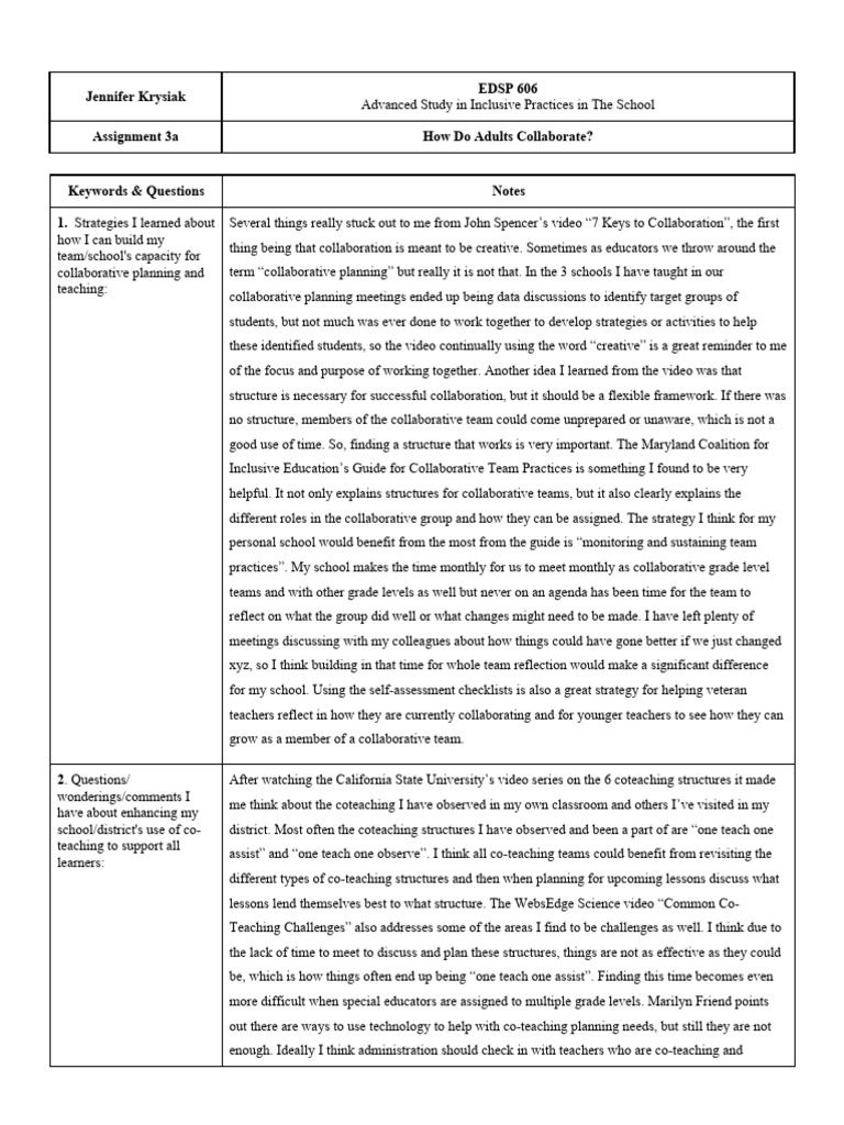 Jennifer Krysiak EDSP 606 | PDF | Teachers | Cognitive Science
