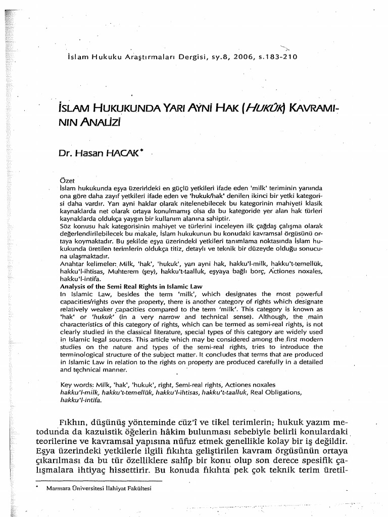 İslam Hukukunda Yarı Ayni Hak Kavramının Analizi | PDF