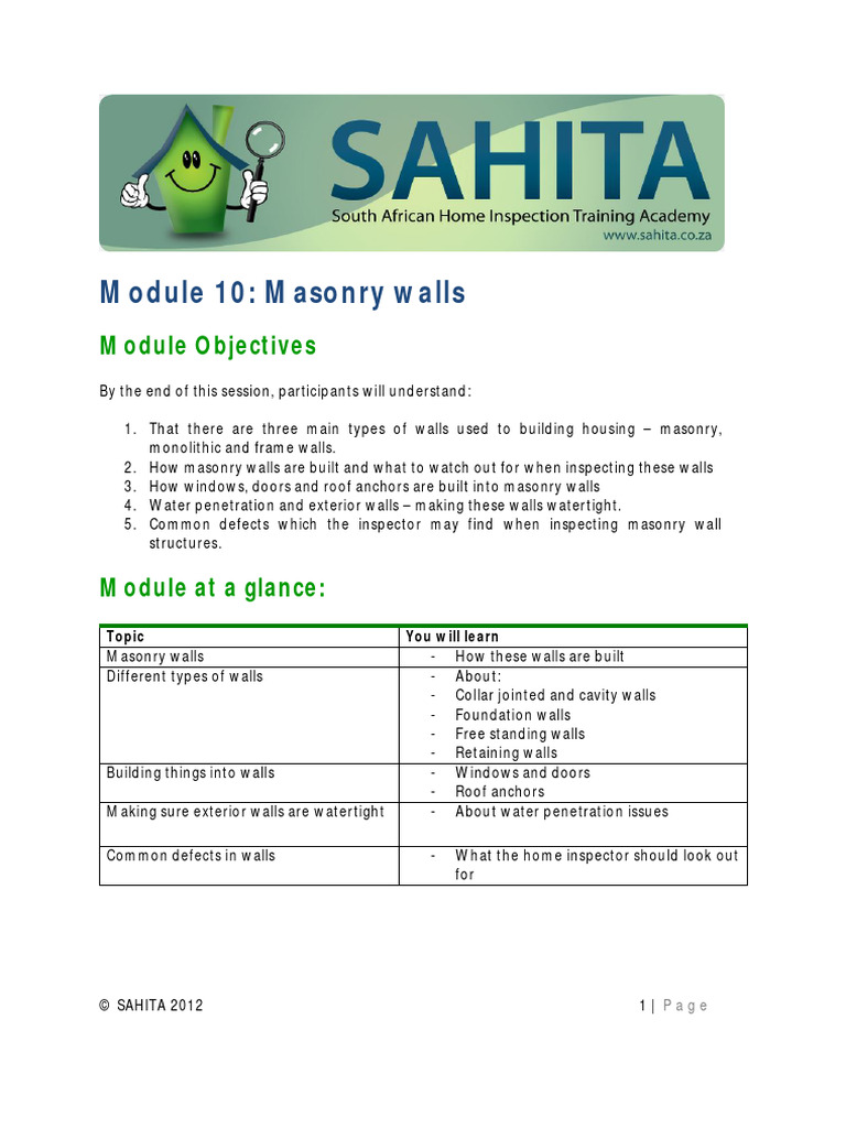 Module 10 SAHITA Masonry Walls | PDF | Masonry | Wall