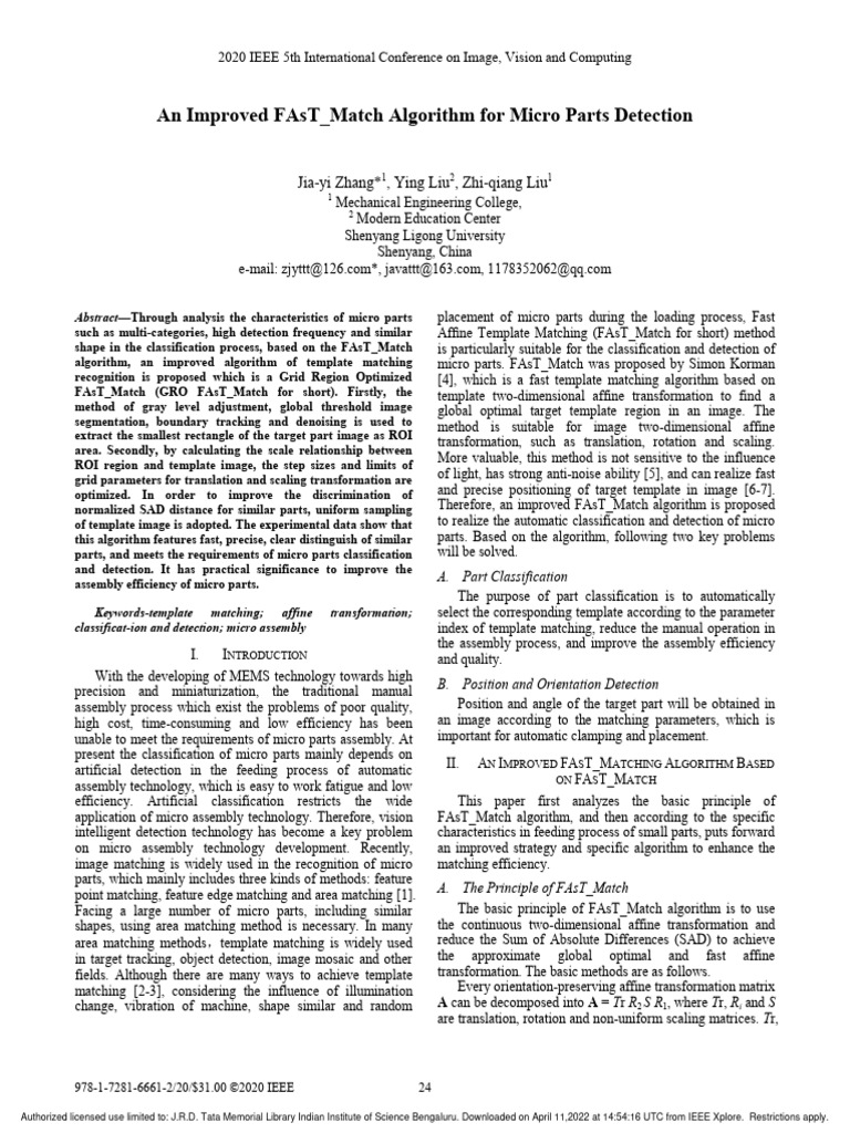 An Improved FAsT Match Algorithm For Micro Parts Detection | PDF | Image Segmentation | Algorithms
