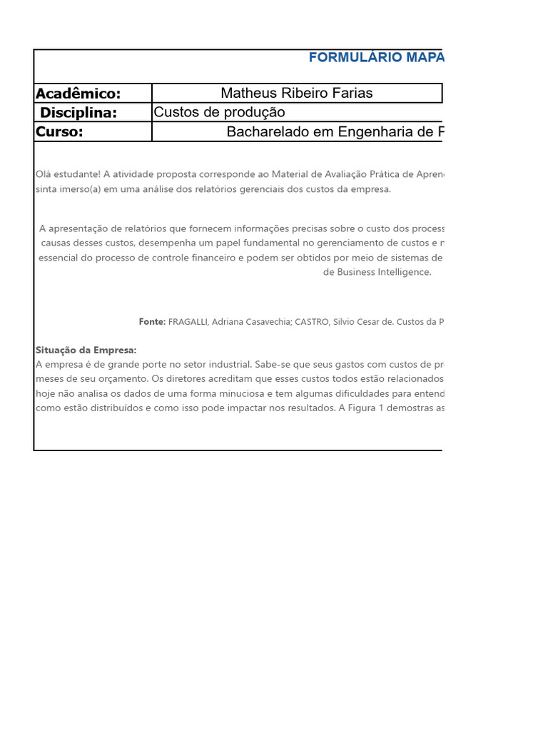 mapa custos de producao | Download grátis PDF | Despesa | Contabilidade