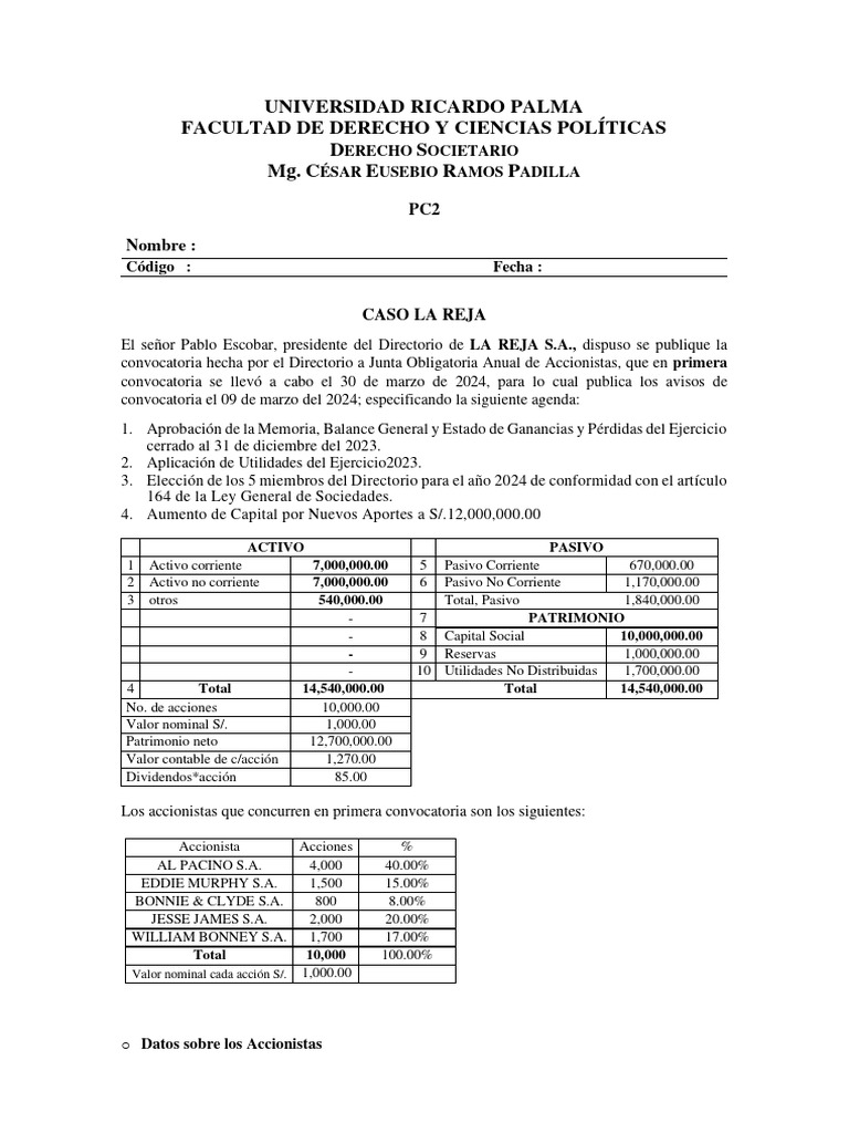 PC2-CASO Práctica La Reja | PDF | Compartir (Finanzas) | Corporaciones
