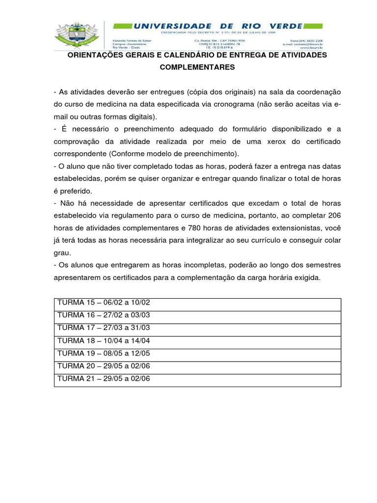 Calendário de Entrega de Atividades Complementares | PDF