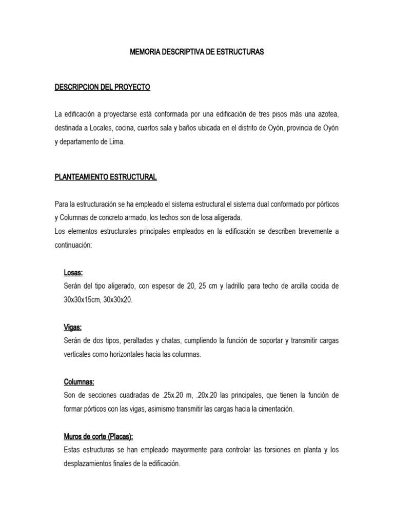 MEMORIA DE CONSTRUCCION | Descargar gratis PDF | Fundación (Ingeniería) | Cableado eléctrico