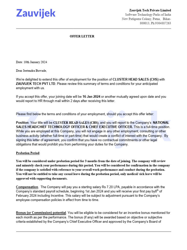 Cluster Head Offer Letter | PDF | Employment | Indemnity