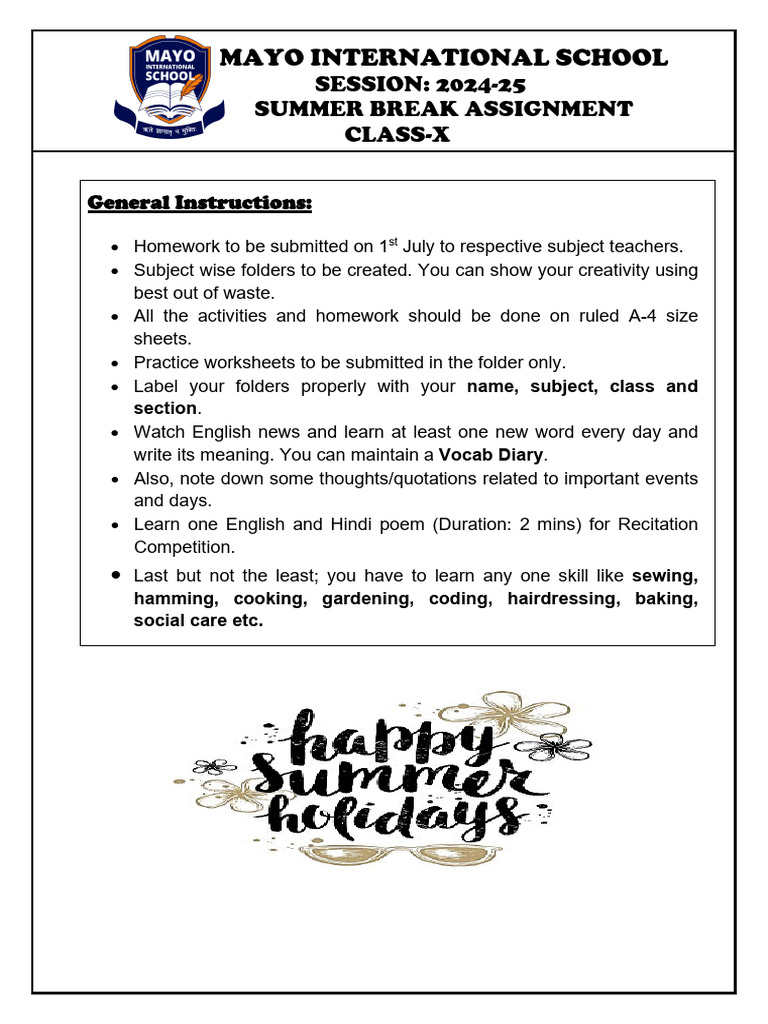 Summer Homework Guidelines for Class X | PDF | Equations | Numbers