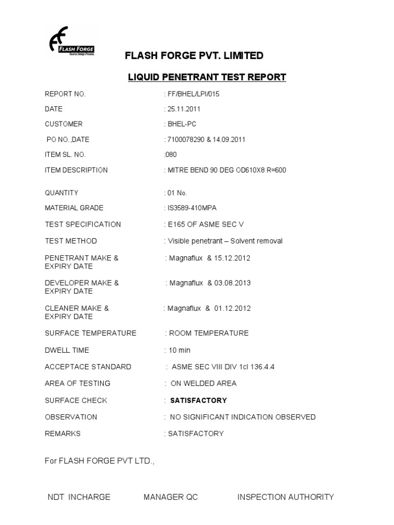Liquid Penetrant Test Report for BHEL-PC | PDF