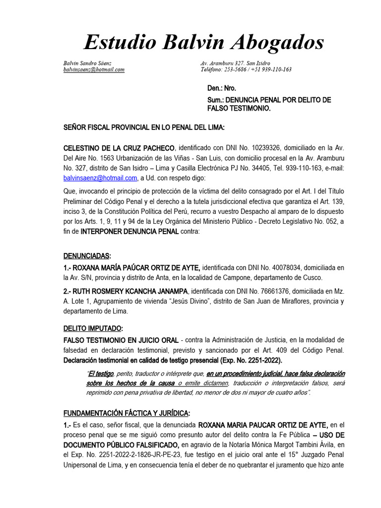 Form 07 Denuncia Por Falso Testimonio En Juicio Pdf Testigo