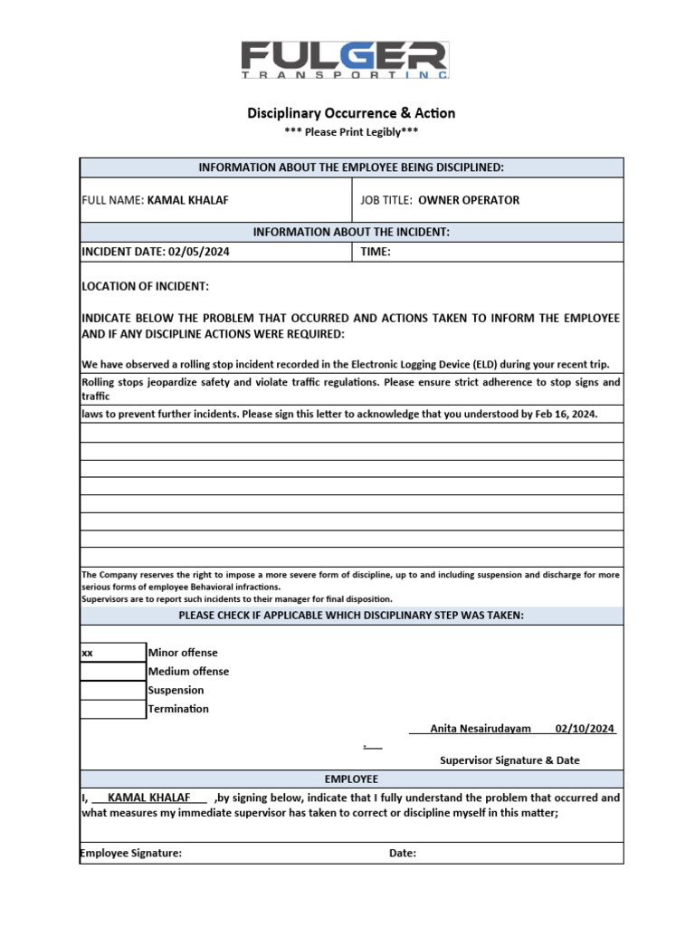 Disciplinary Form - Kamal Khalaf | PDF