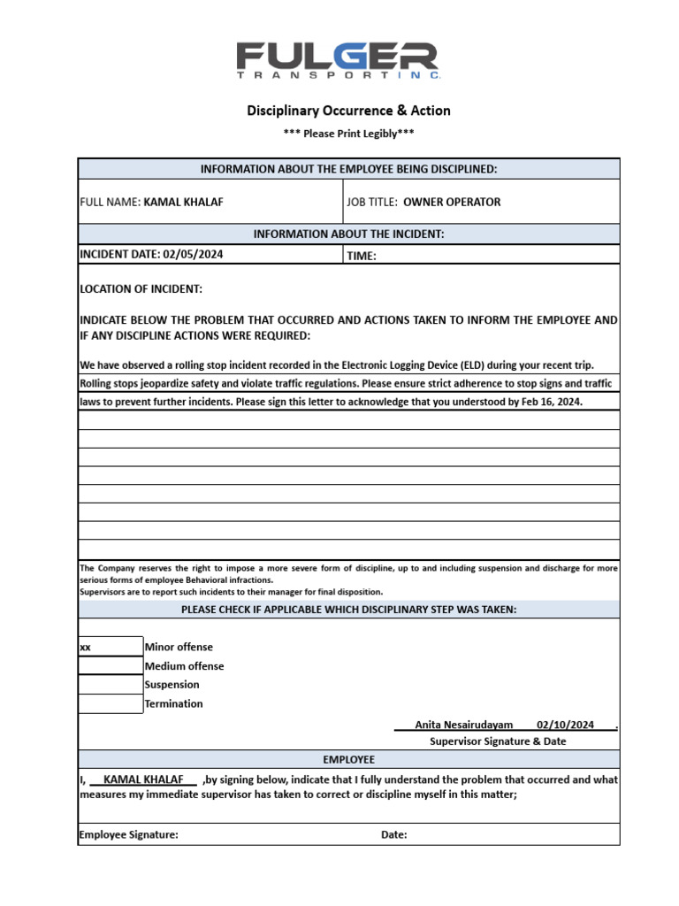 Disciplinary Form - Kamal Khalaf | PDF