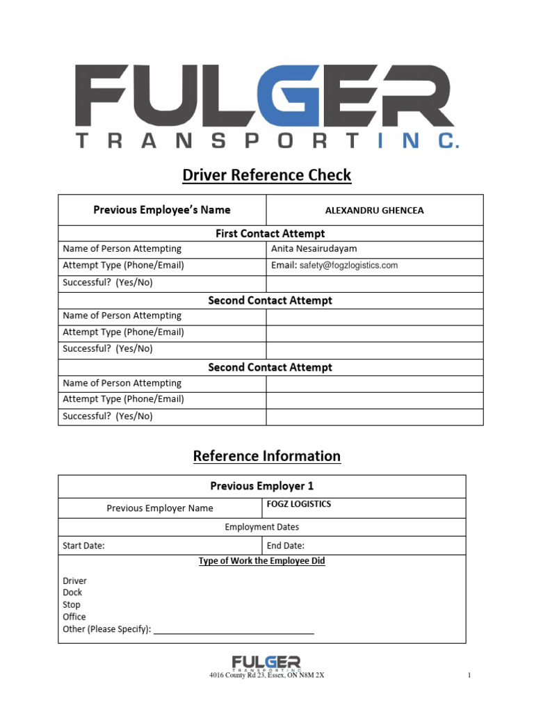 Driver Reference Check Form (1) | PDF | Land Vehicles | Motor Vehicle