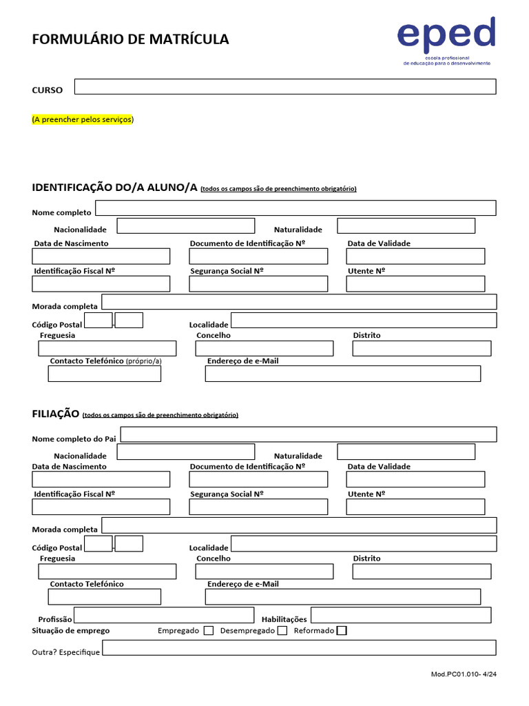 Formulário de Matrícula - Er - Versão Editável Online | PDF