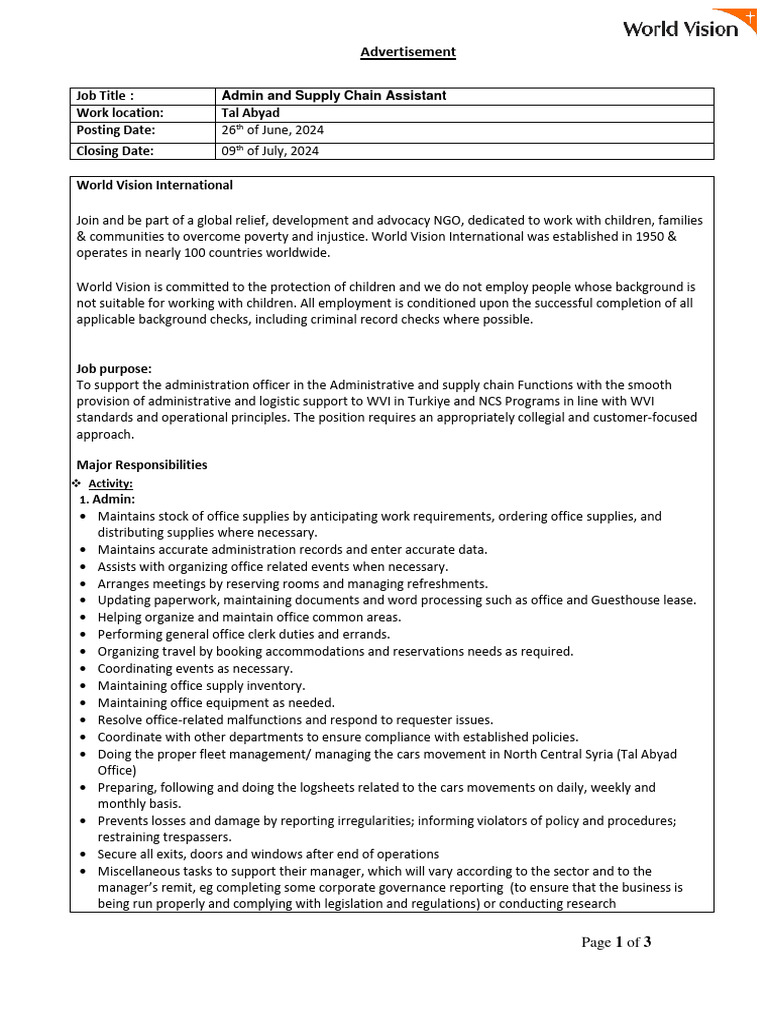 Adv- Admin and Supply Chain Assistant | PDF | Supply Chain | Business