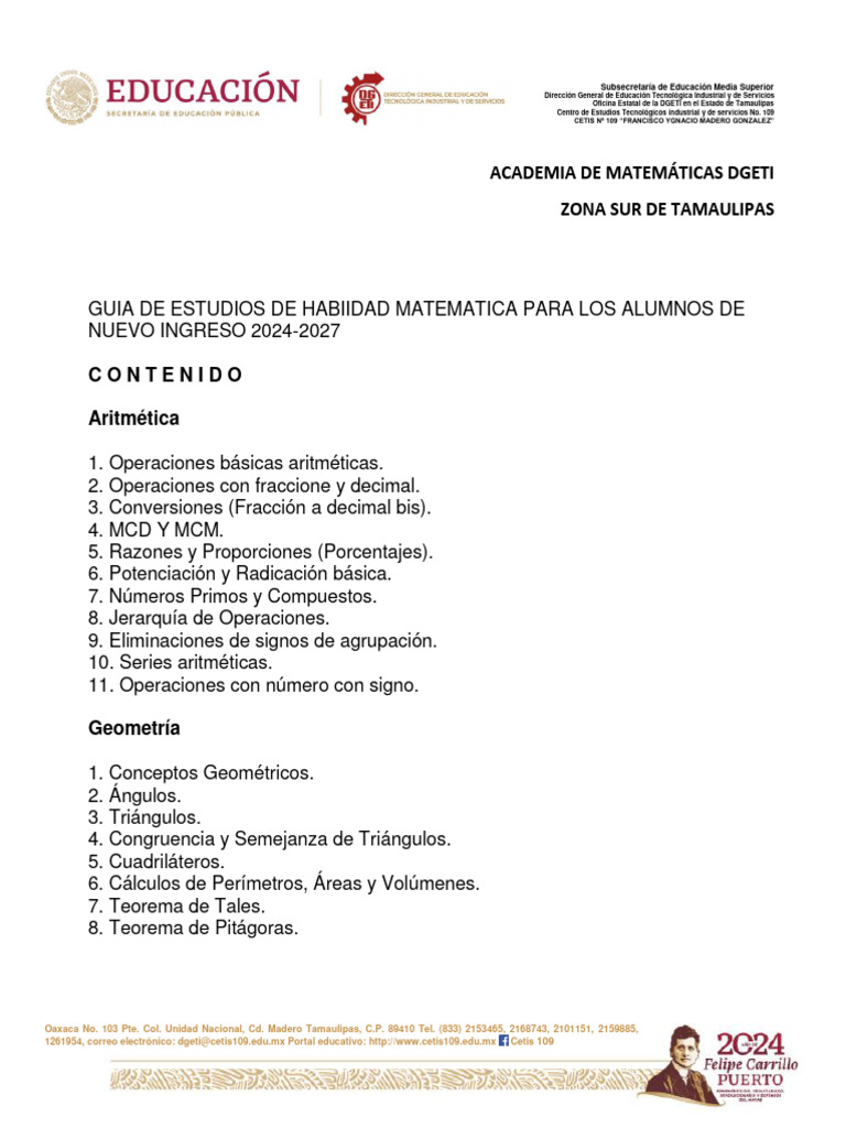Guía de Estudios Matemáticos CETIS 109 | PDF | Aritmética | Ecuaciones