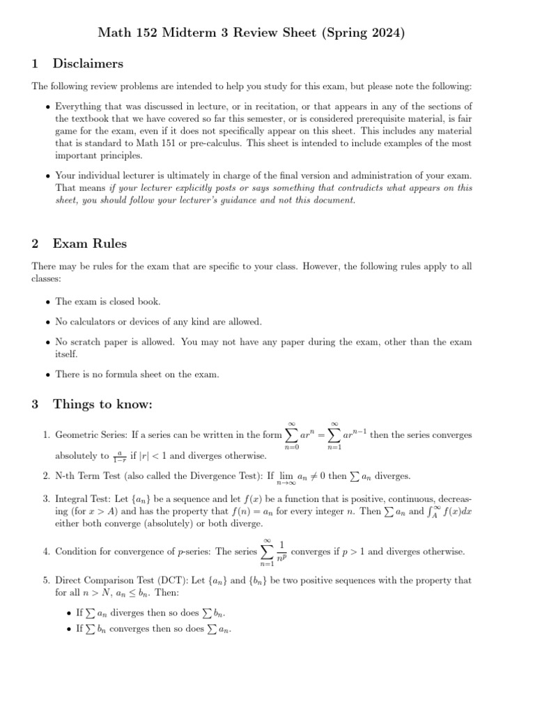 Math 152 Exam 3 Review Problems (Sp24) | PDF | Mathematical Analysis ...