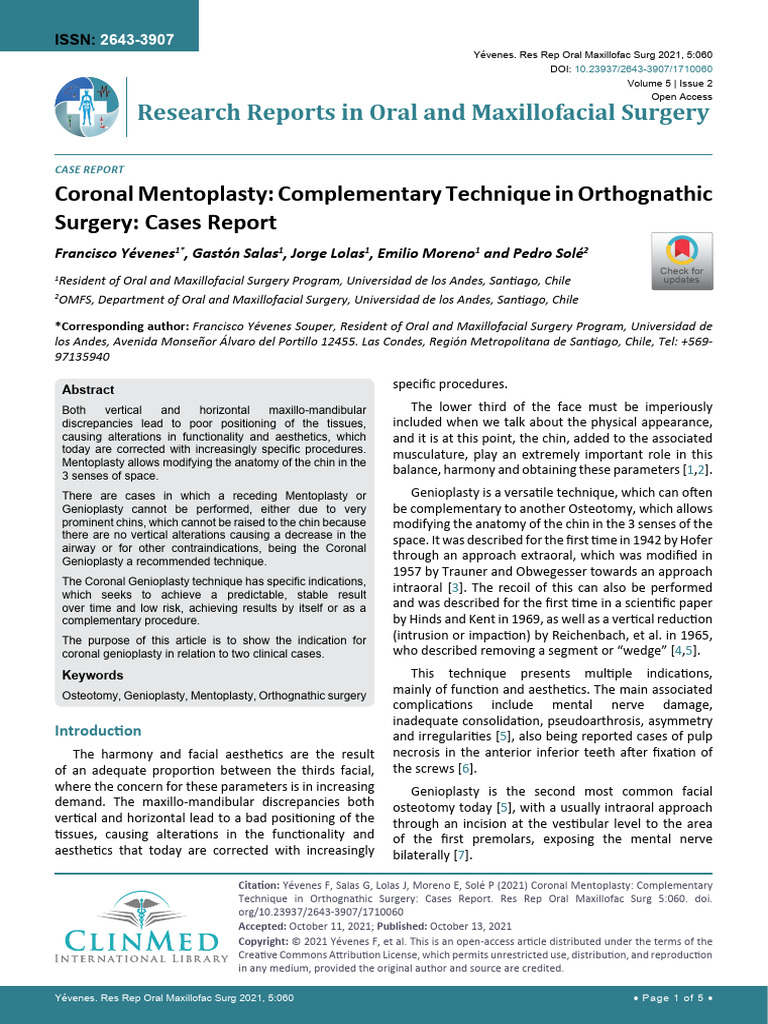 Coronal Mentoplasty: Complementary Technique in Orthognathic Surgery ...