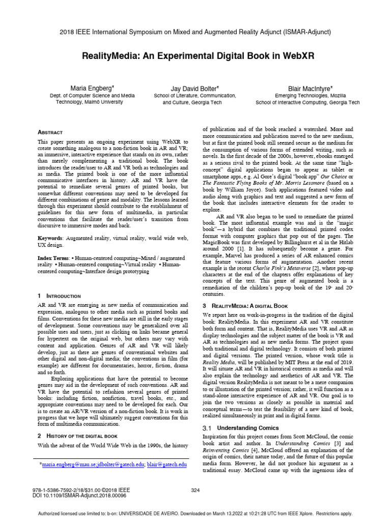 2018 RealityMedia An Experimental Digital Book in WebXR | PDF ...