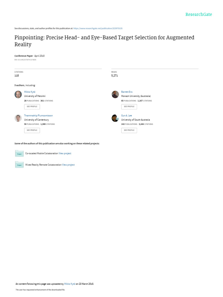2018 Pinpointing Precise Head - and Eye-Based Target Selection For Augmented Reality | PDF ...