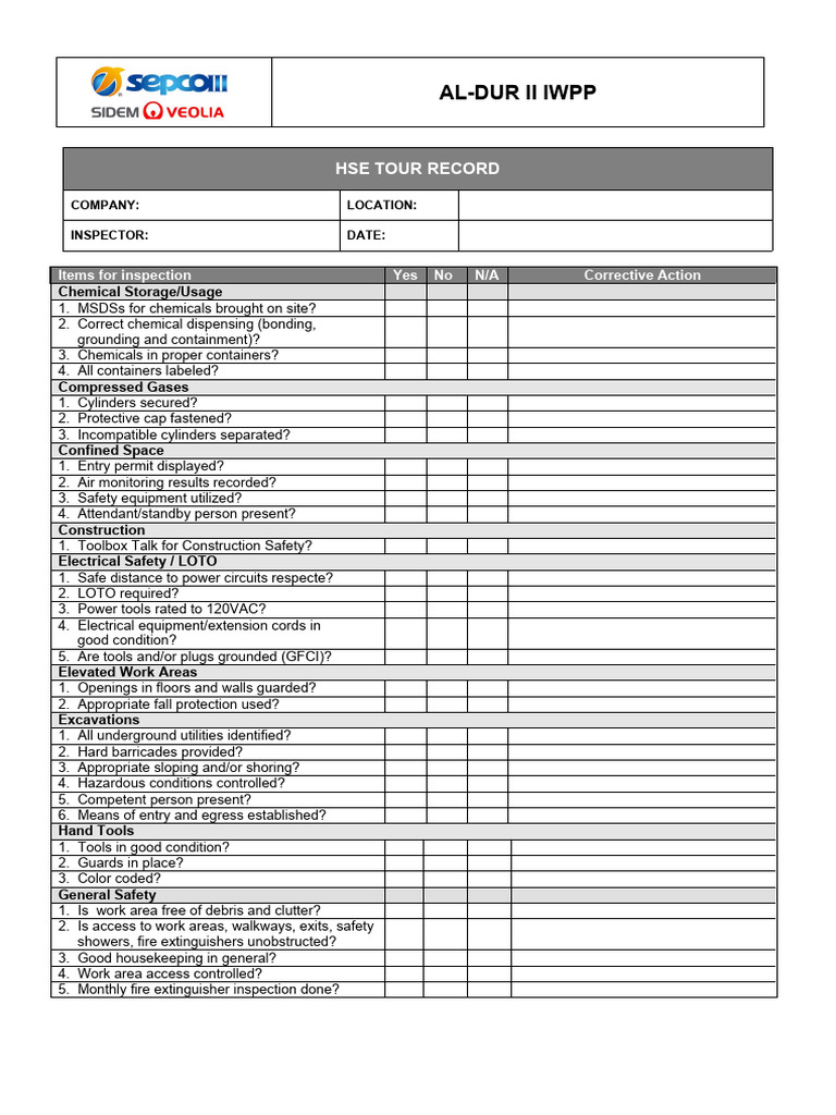 Hse Tour Checklist | PDF | Personal Protective Equipment | Equipment