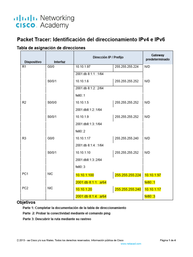 13.2.6 Packet Tracer Verify Ipv4 and Ipv6 Addressing Es XL | PDF | Yo Pv6 | Dirección IP