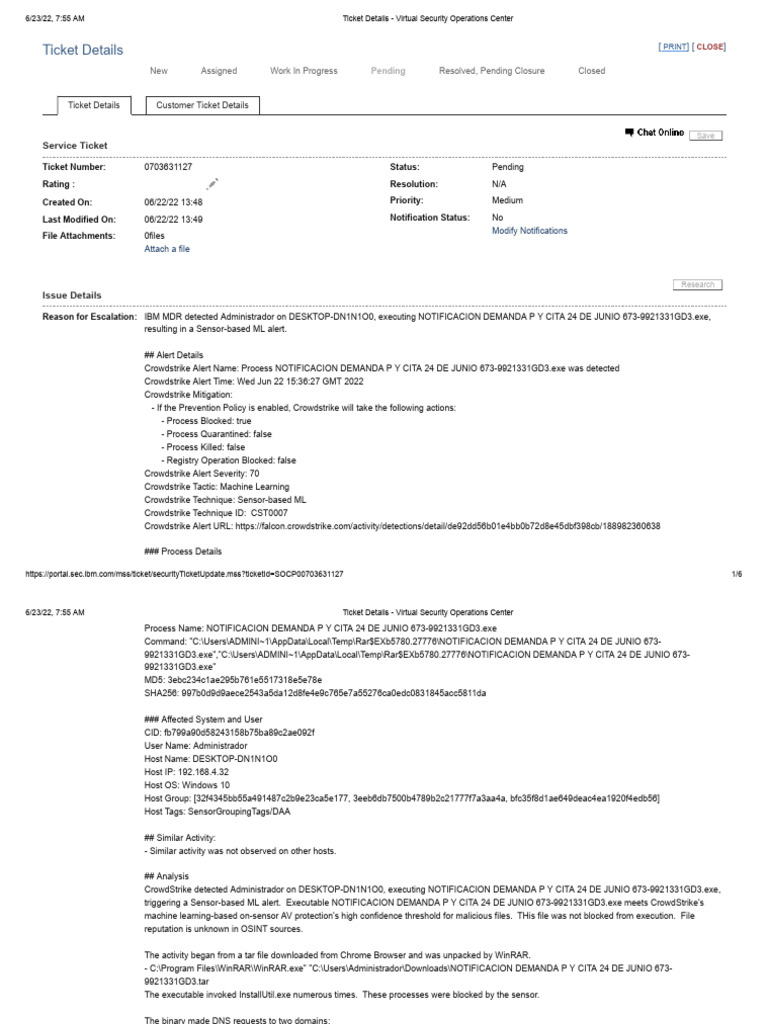 IBM Ticket Details - DESKTOP-D1N1O0 | PDF | Malware | Computer File