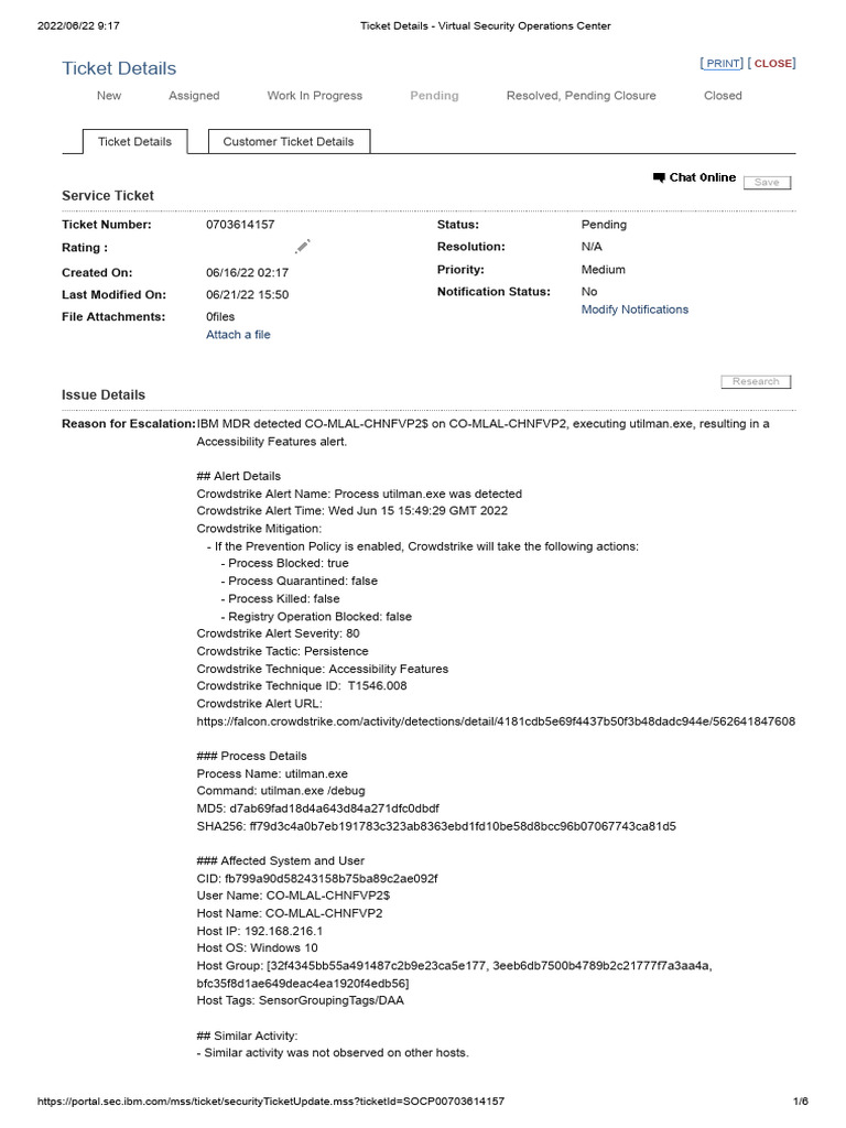 Ticket Details - Virtual Security Operations Center | PDF | Malware | Computing