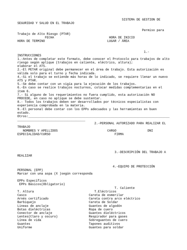Formato Permiso para Trabajo de Alto Riesgo 1 | PDF | Soldadura | Construcción