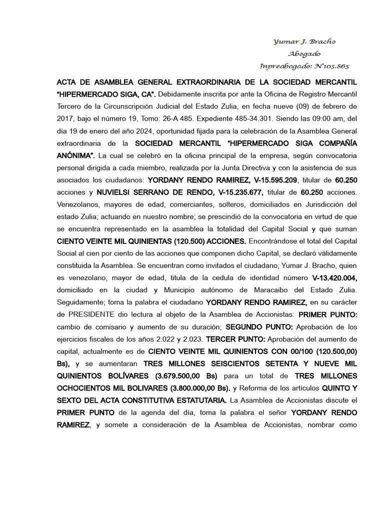 Acta de Asamblea General Extraordinaria de La Sociedad Mercantil | PDF