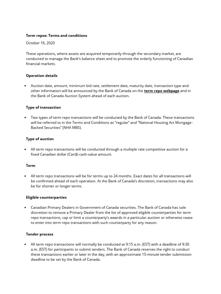 Bank of Canada Term Repo Guidelines | PDF | Repurchase Agreement ...