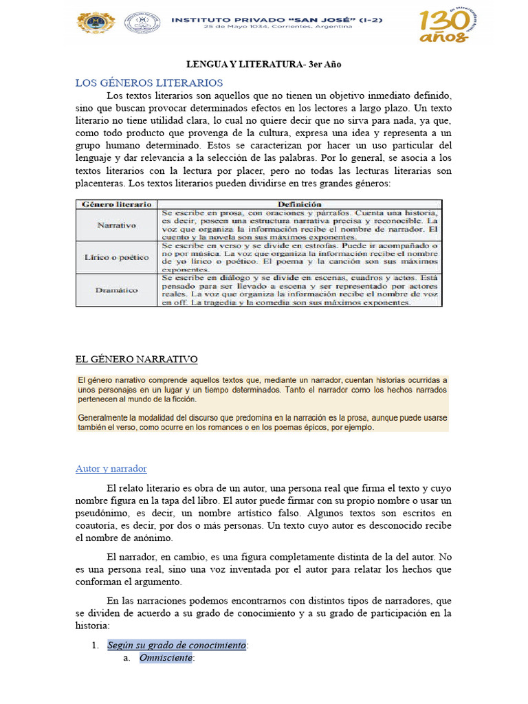 Los Géneros Literarios | PDF | Narración | Autor