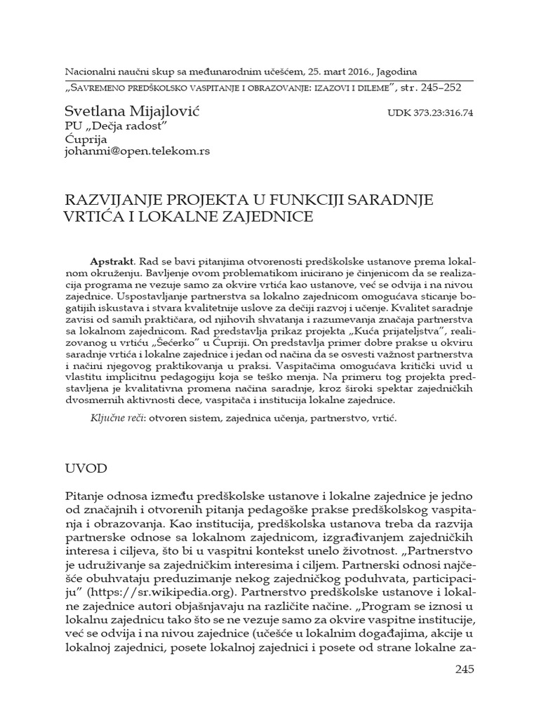 Svetlana Mijajlović RAZVIJANJE PROJEKTA U FUNKCIJI SARADNJE VRTIĆA I LOKALNE ZAJEDNICE | PDF