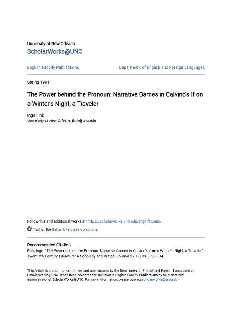 The Power behind the Pronoun_ Narrative Games in Calvinos If on ... The Power behind the Pronoun_ Narrative Games in Calvinos If on ...