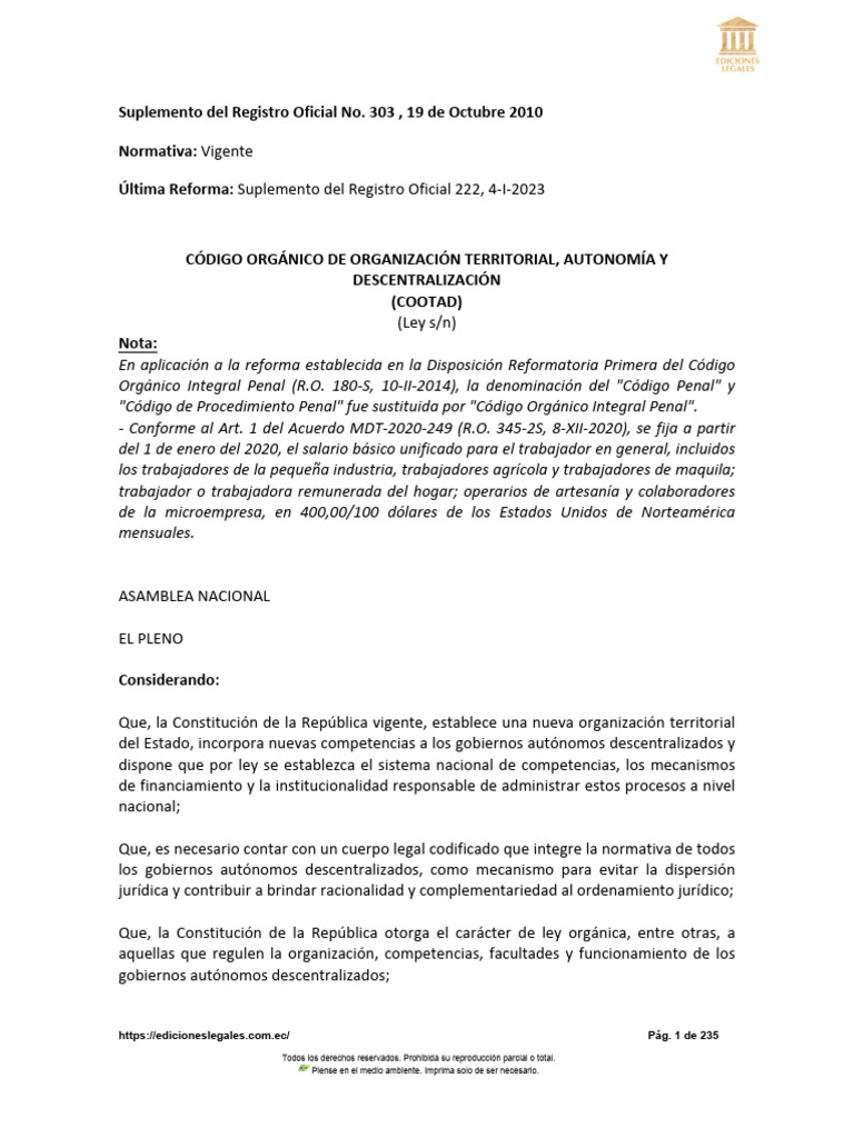 COOTAD | Descargar gratis PDF | Constitución | Estado (política)