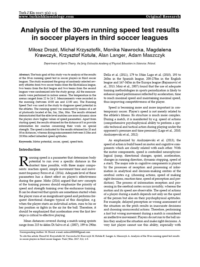 Analysis of The 30-m Running Speed Test Results in Soccer Players in ...