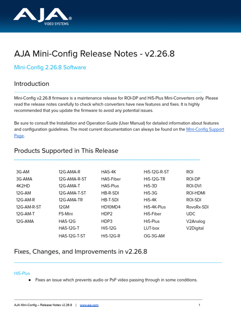AJA Mini-Config Release Notes v2.26.8 | PDF | Websites | Documentation