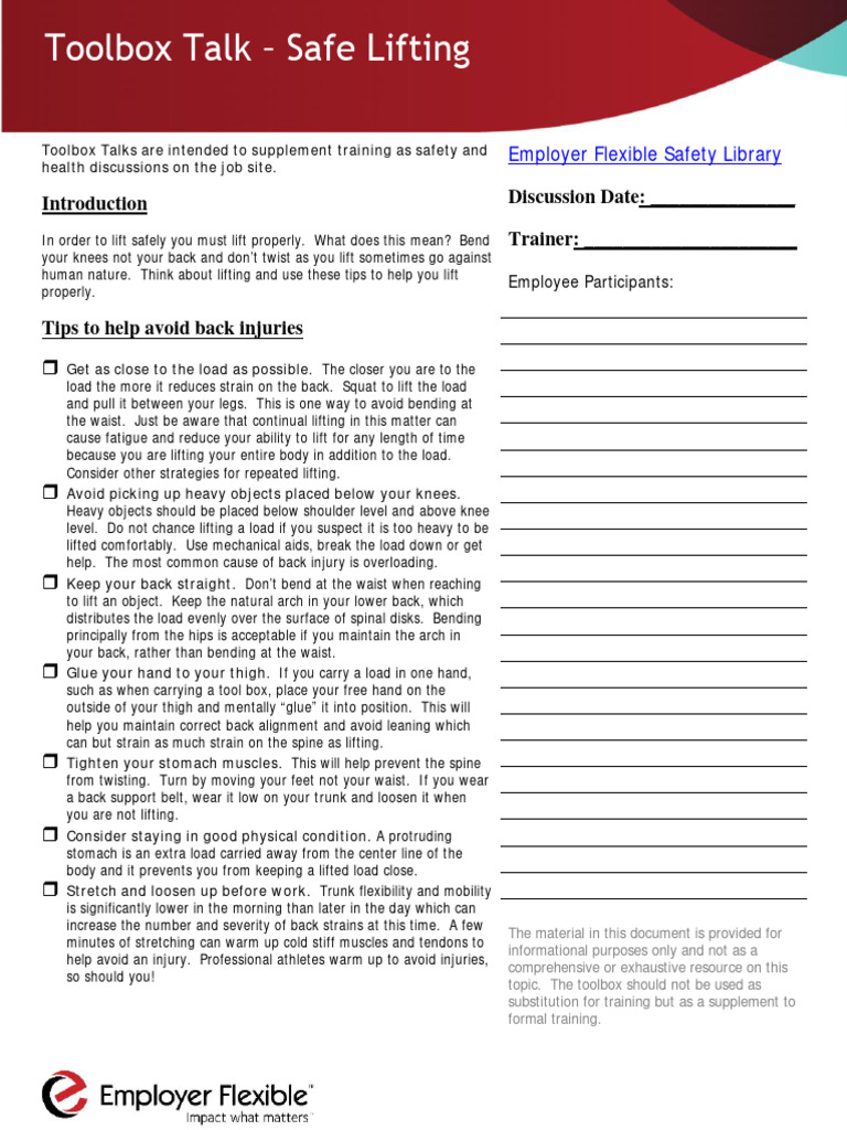 Toolbox Talk Safe Lifting | PDF | Flexibility (Anatomy) | Musculoskeletal System