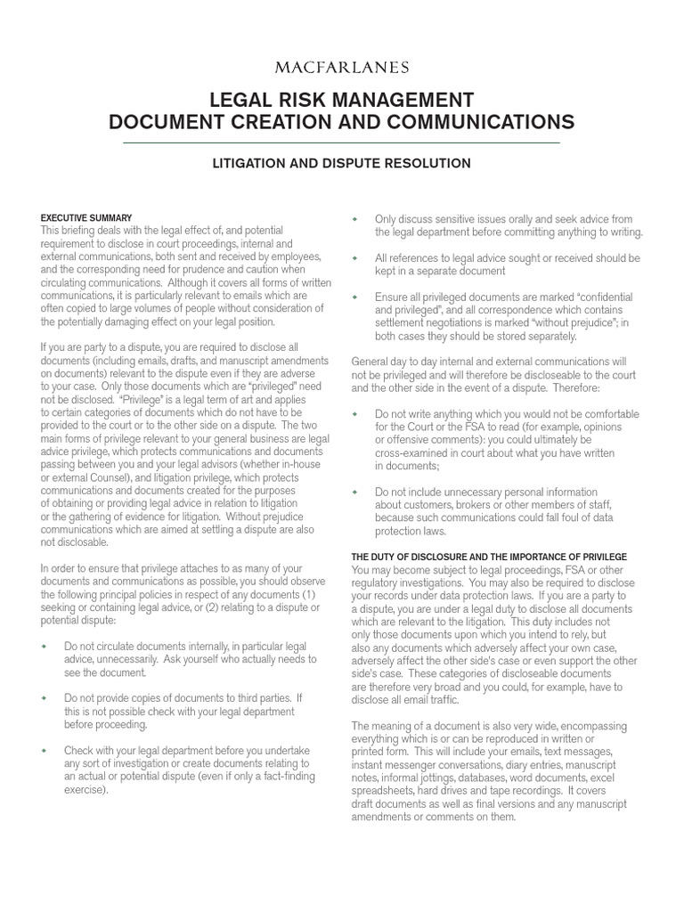 Legal Risk Management Document Creation and Communications | PDF ...