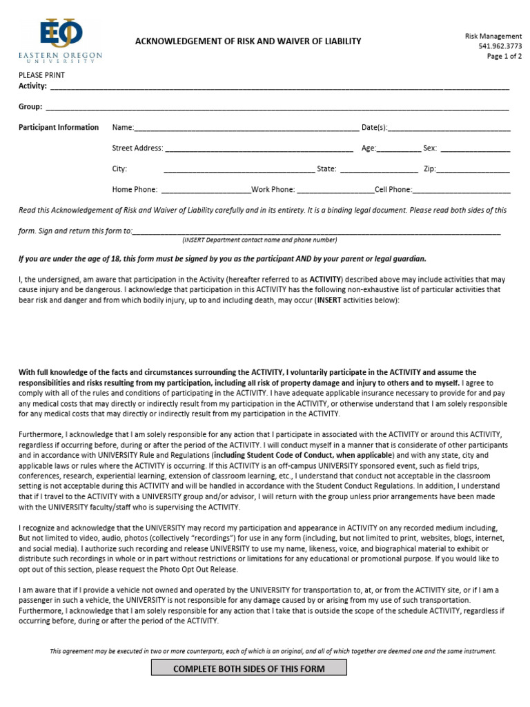 Acknowledgement of Risk and Waiver of Liability Rev 2016 | PDF ...