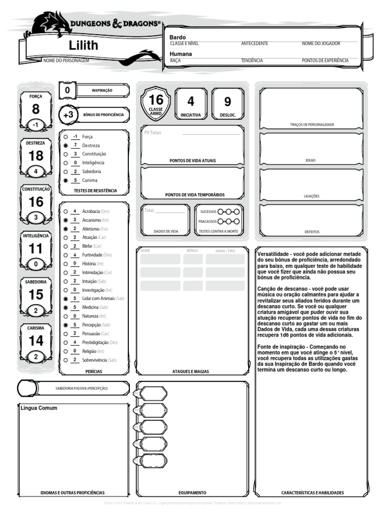 Ficha Da Lilith | PDF